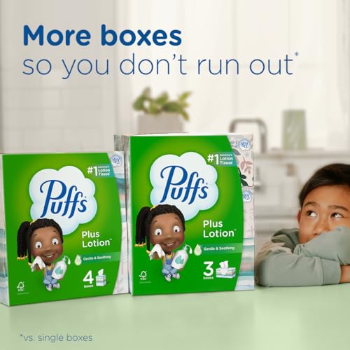 Puffs Plus Lotion Facial Tissues, 8 Family Boxes, 124 Facial Tissues per Box, Allergies and Colds