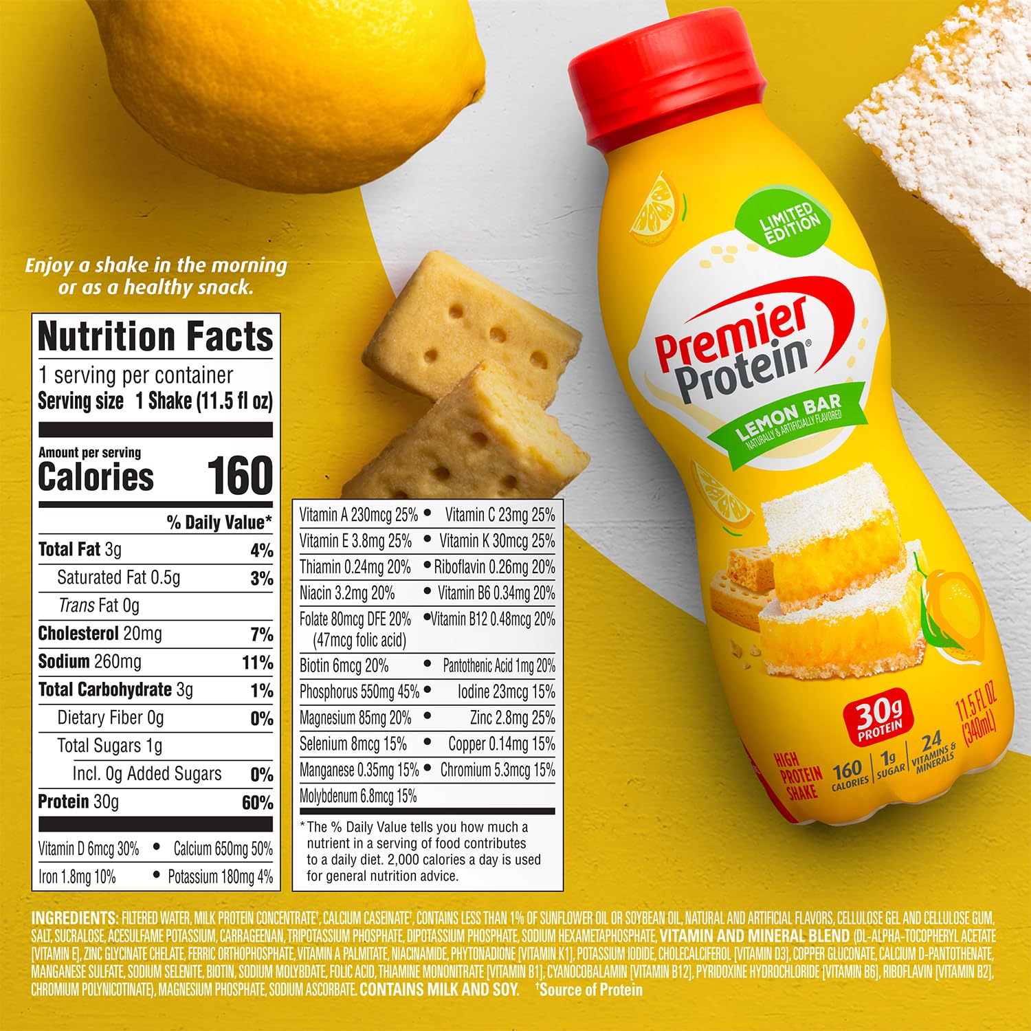 Premier Protein Shake, Limited Edition, Lemon Bar, 30g Protein, 1g Sugar, 24 Vitamins & Minerals, 11.5 oz, 12 Pack