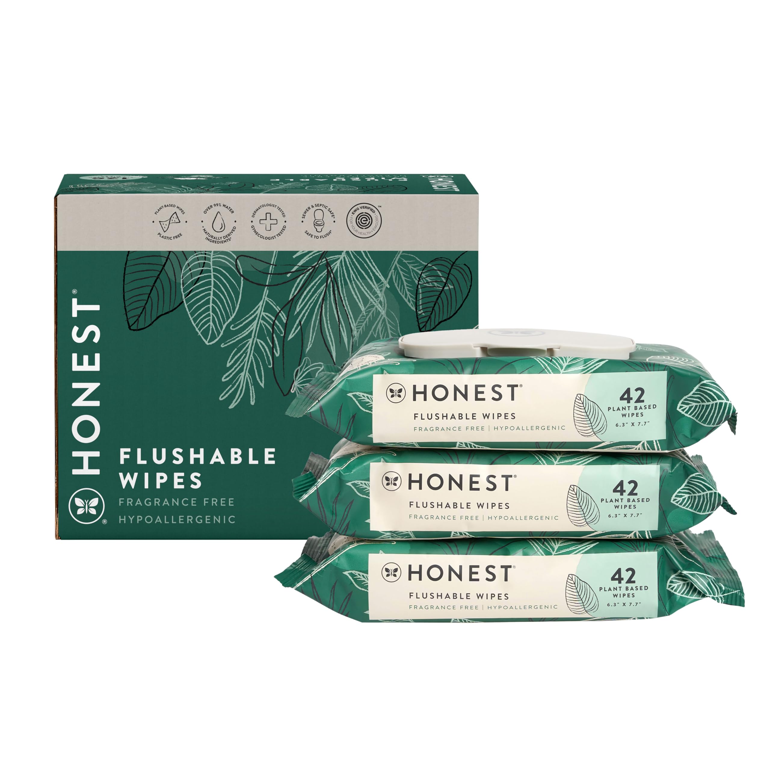 The Honest Company Flushable Wipes for Sensitive Skin | Fragrance Free, Hypoallergenic, 99% Water, Safe to Flush | Tropical Leaves, 126 Count