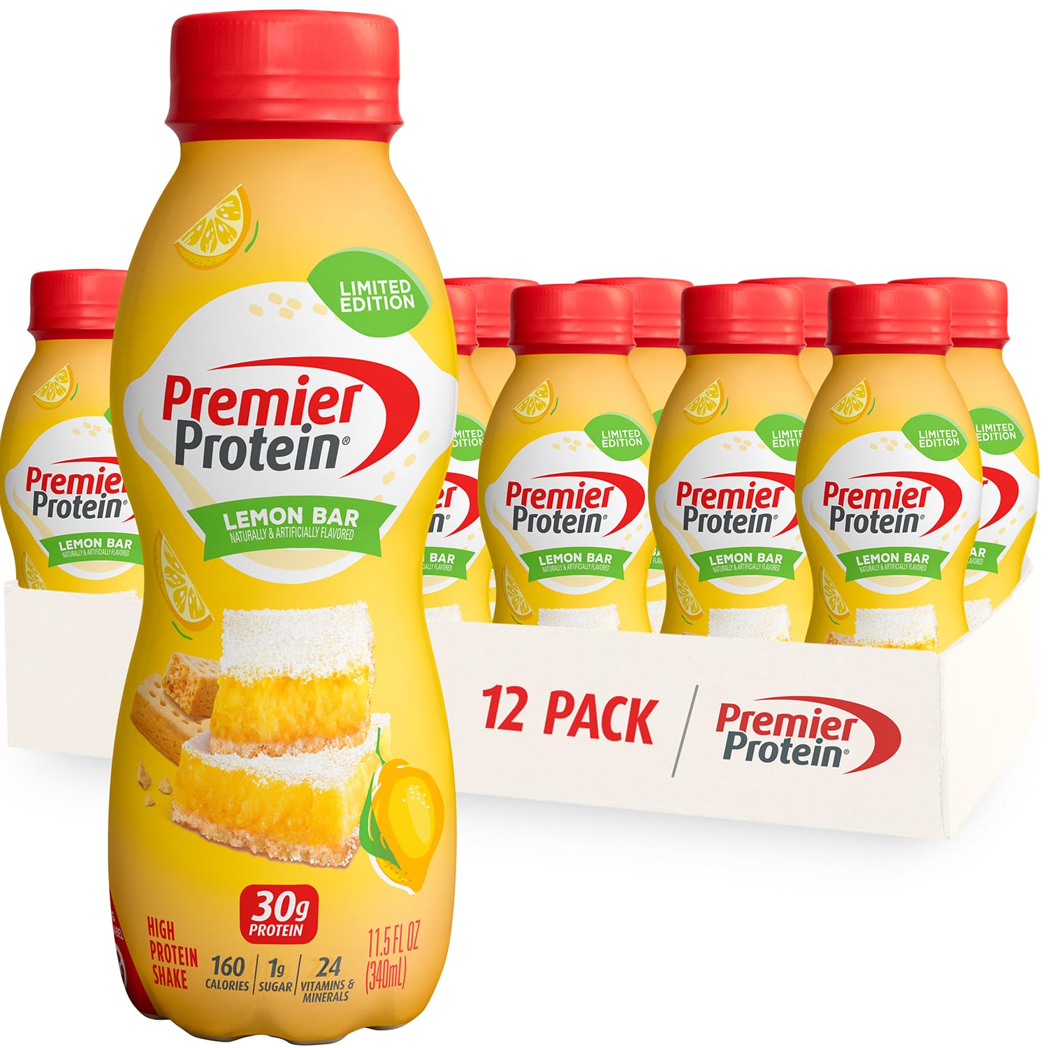 Premier Protein Shake, Limited Edition, Lemon Bar, 30g Protein, 1g Sugar, 24 Vitamins & Minerals, 11.5 oz, 12 Pack
