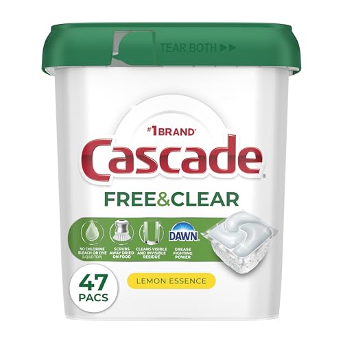 Cascade Free & Clear Dishwasher Pods, Dishwasher Detergent, Dish Detergent Soap, Lemon Essence, 47 Count