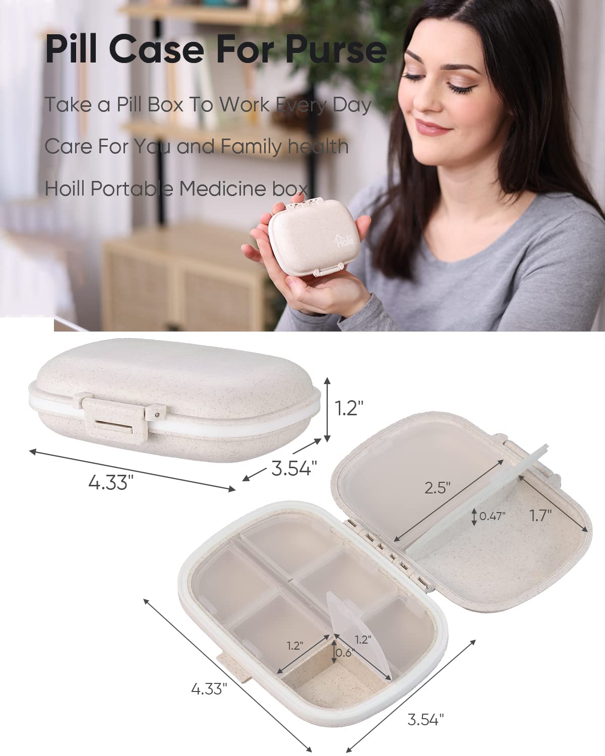 Holii Travel Pill Organizer, 8 Compartments Portable Pill Case, Daily Pill Box to Hold Vitamins, Small Pill Container for Pocket Purse Medicine Organizer(Khaki)