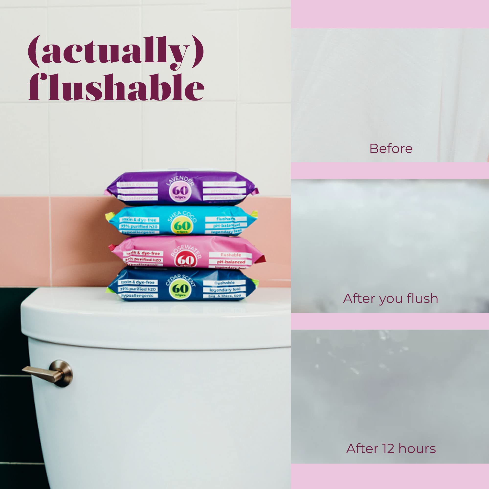 Goodwipes Flushable Butt Wipes Made with Vitamin E & Aloe - Soft & Gentle Wet Wipe Dispenser for Home Use, Septic & Sewer Safe - Largest Adult Toilet Towelettes - Rosewater, 360 Count (6 Packs)
