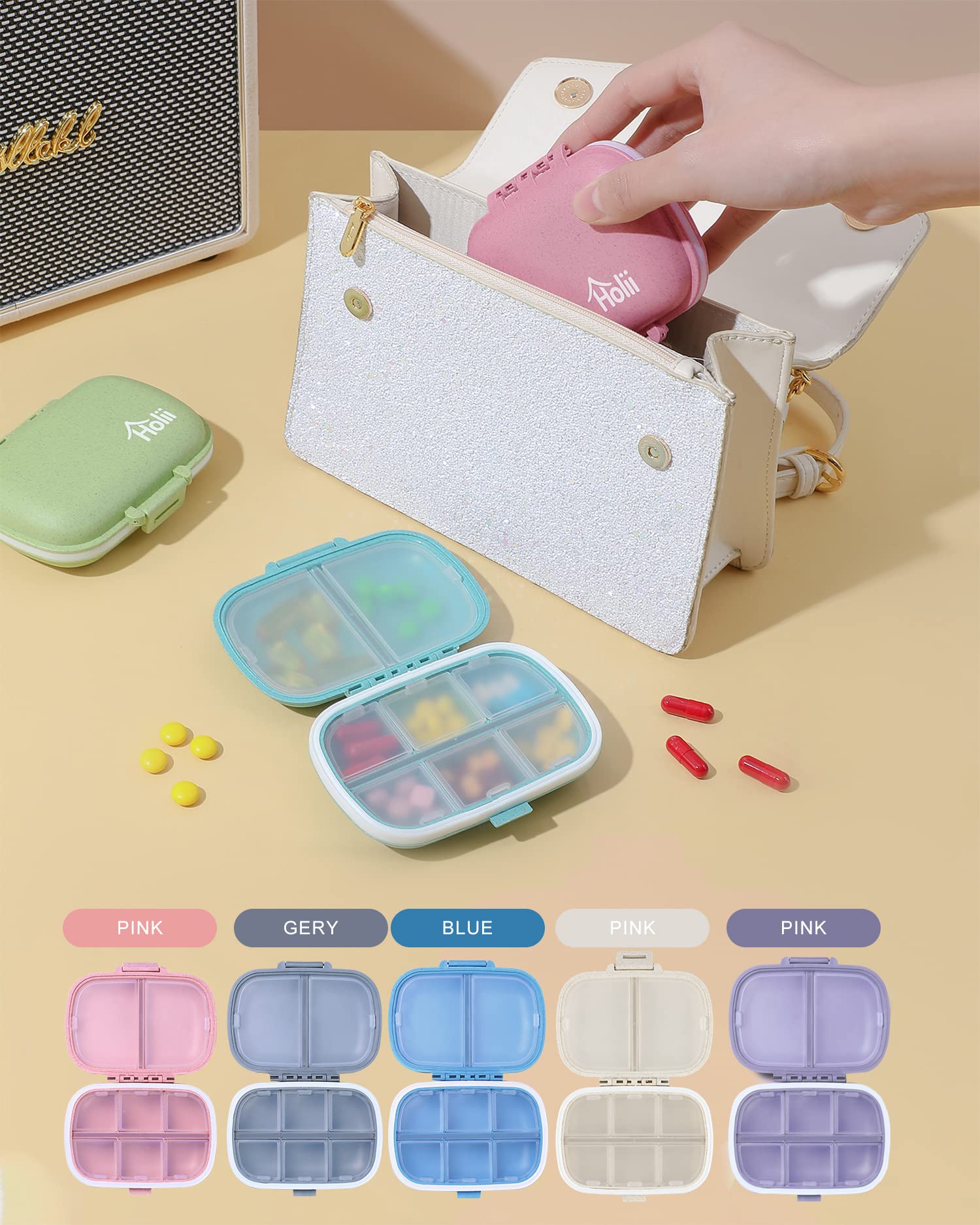 Holii Travel Pill Organizer, 8 Compartments Portable Pill Case, Daily Pill Box to Hold Vitamins, Small Pill Container for Pocket Purse Medicine Organizer(Khaki)