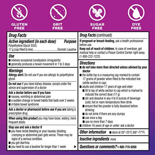 Amazon Basic Care ClearLax Polyethylene Glycol 3350 Powder for Solution, Osmotic Laxative, Relieves Occasional Constipation, Unflavored, 1.68 pound (Pack of 1)