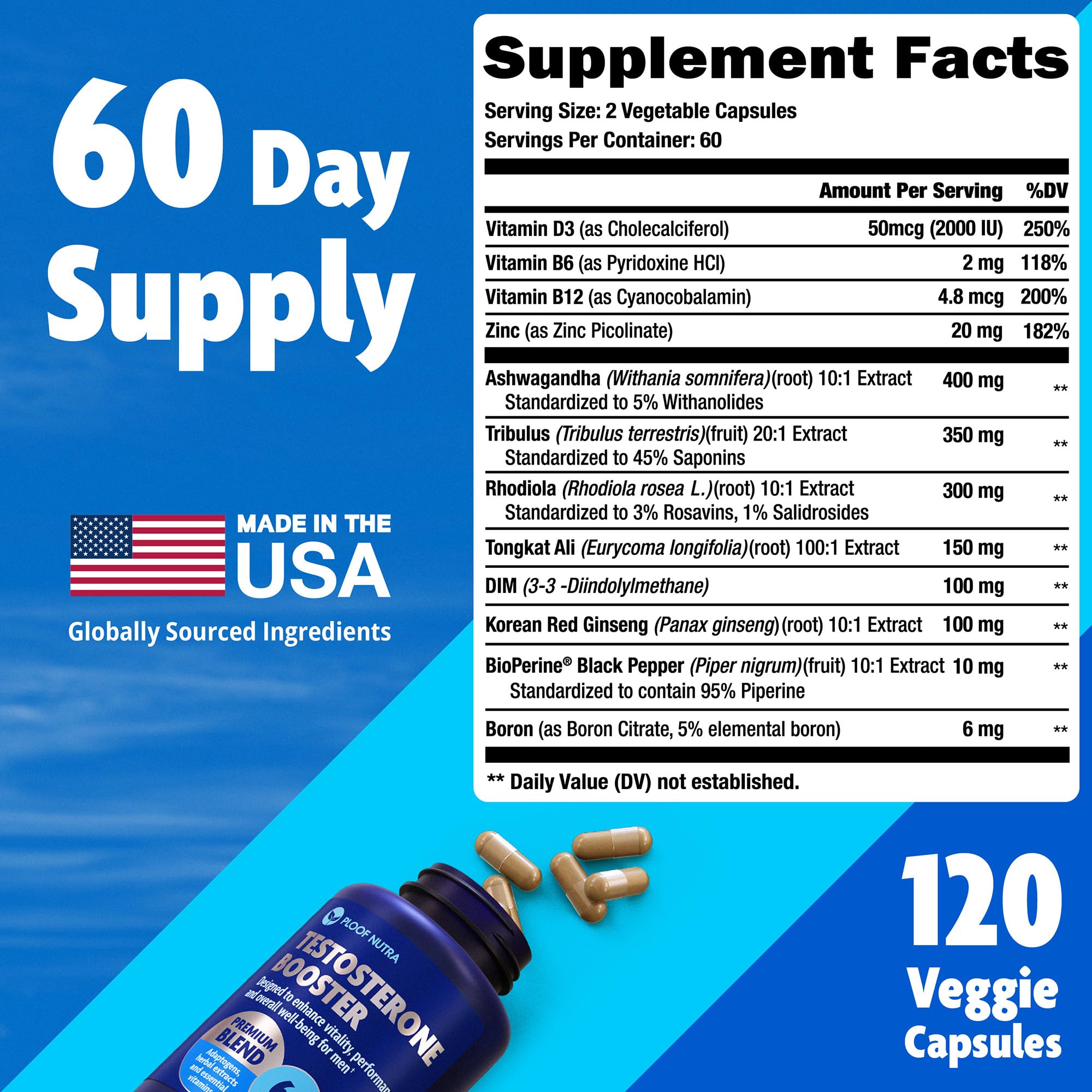 Testosterone Booster Supplement for Men - Male Enhancing Test Boost - Ashwagandha, Tongkat Ali, Rhodiola, Tribulus, Vitamin D3, B6, B12 - Workout, Muscle Builder, Strength, Energy, Performance - 120ct