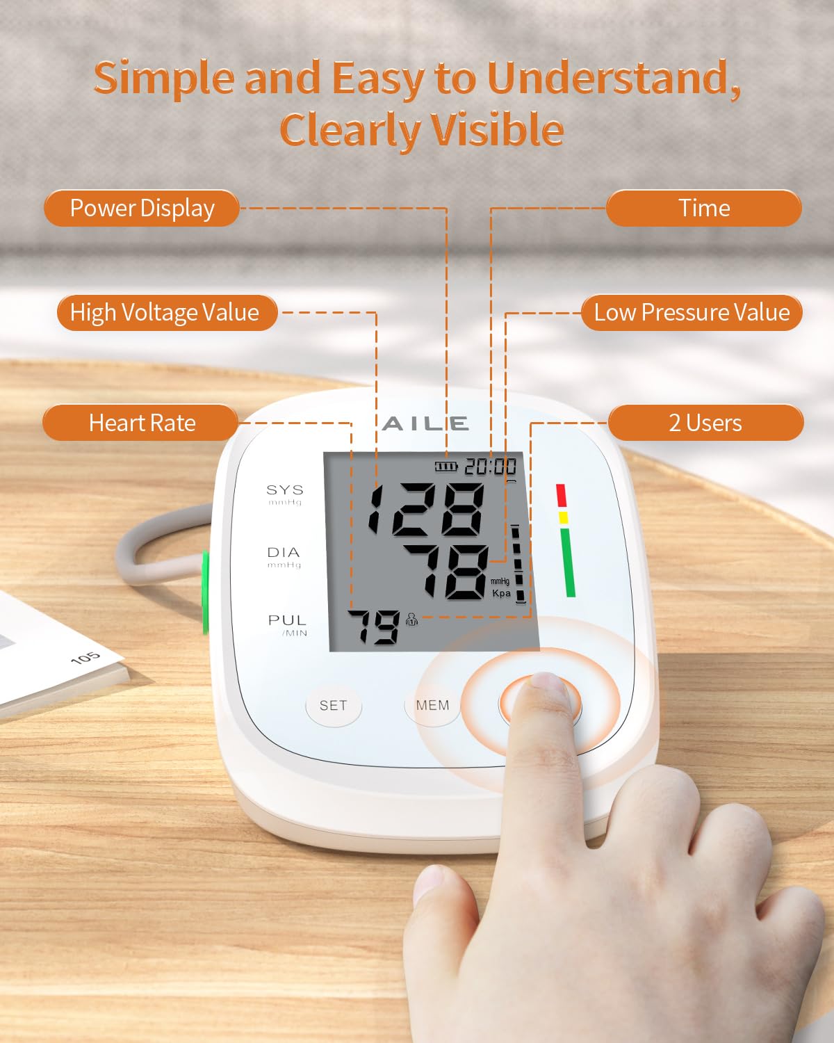 Blood Pressure Monitor, AILE Blood Pressure Machine Upper Arm Large Cuff(8.7"-16.5"), High Automatic Blood Pressure Monitors Cuff for Home Use, (BP) Manual Arm Blood Pressure Monitors, 2 * 99 Memory