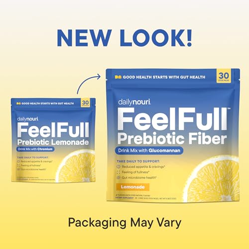 Daily Nouri FeelFull Prebiotic Fiber Drink Mix with Glucomannan & Chromium | for Natural Feeling of Fullness, Appetite & Cravings Support, Gut Microbiome & Metabolic Health | 30 Stick Packs