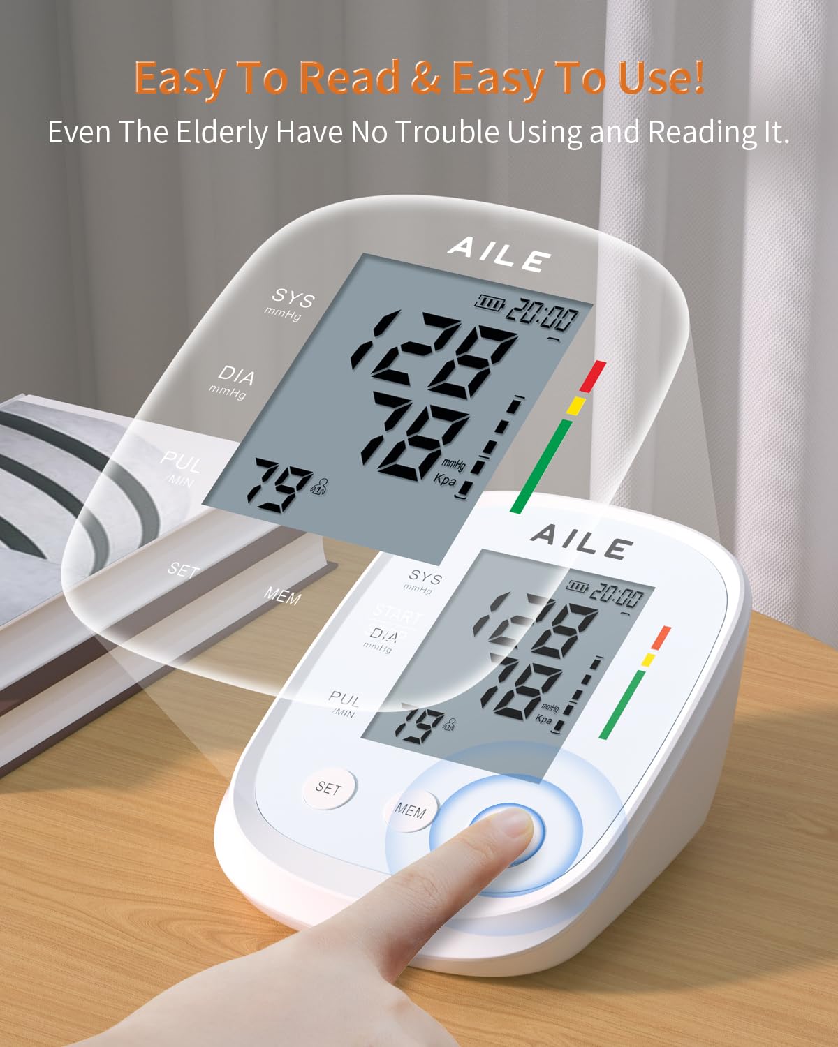 Blood Pressure Monitor, AILE Blood Pressure Machine Upper Arm Large Cuff(8.7"-16.5"), High Automatic Blood Pressure Monitors Cuff for Home Use, (BP) Manual Arm Blood Pressure Monitors, 2 * 99 Memory