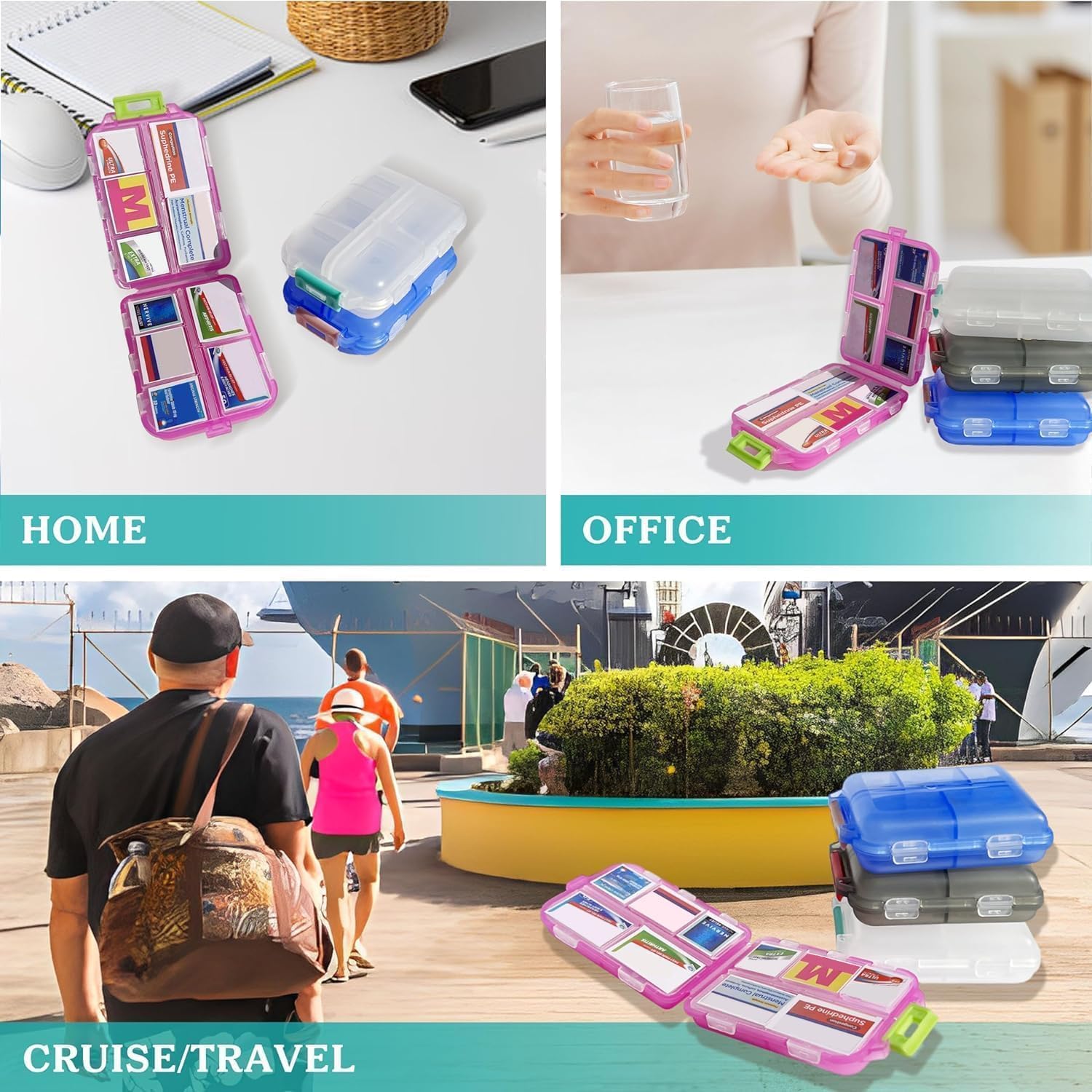 Pill Organizer with Medicine Labels Travel Daily Pill Container Mini Medication Organizer Storage Pill Organizer Travel Essentials Pill Case 7 Day Pill Organizer(Pink & 161 Lables)