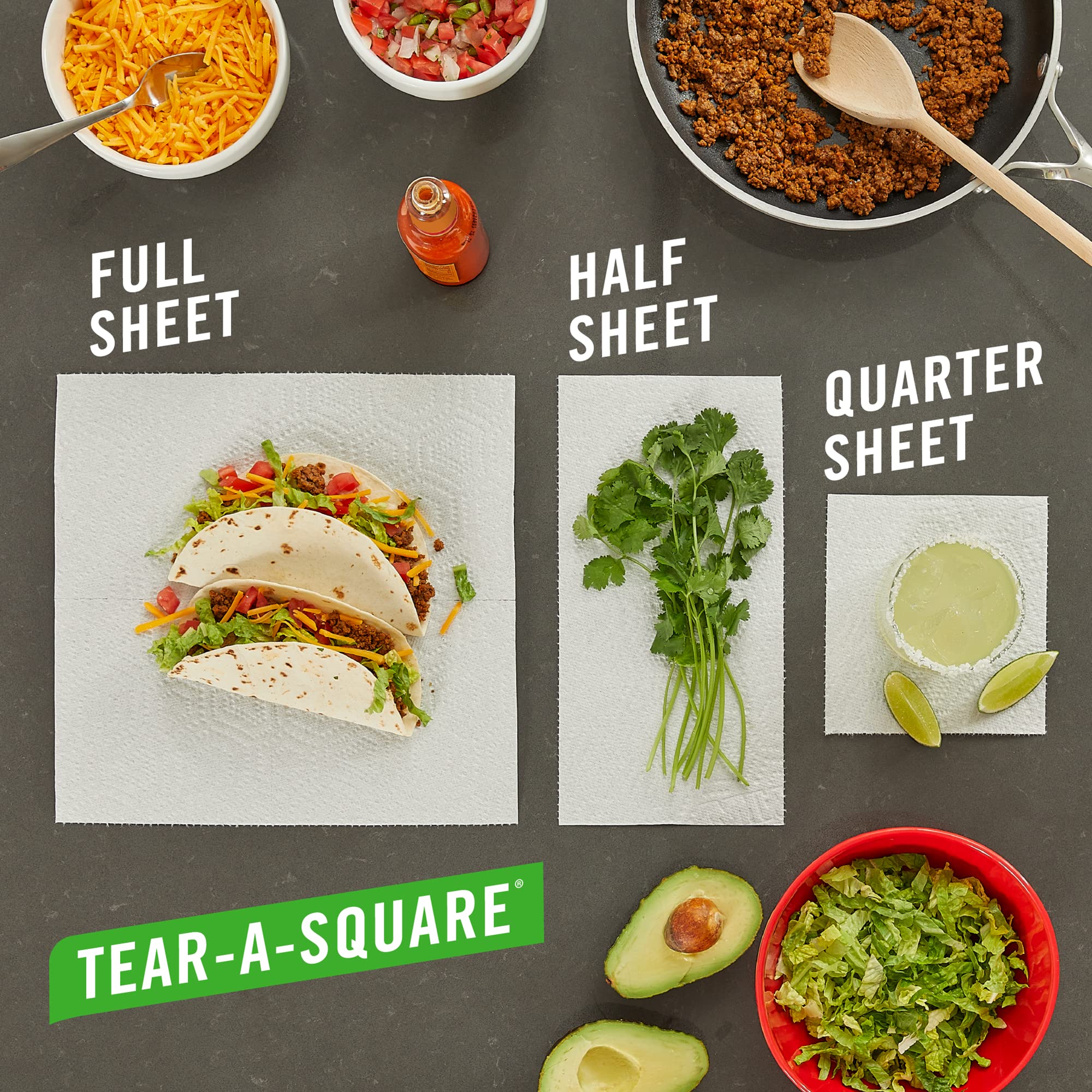 Brawny Tear-A-Square Paper Towels, 12 Family Rolls = 30 Regular Rolls, 2X More Durable*, 3 Sheet Sizes, Strong and absorbent extra-large roll