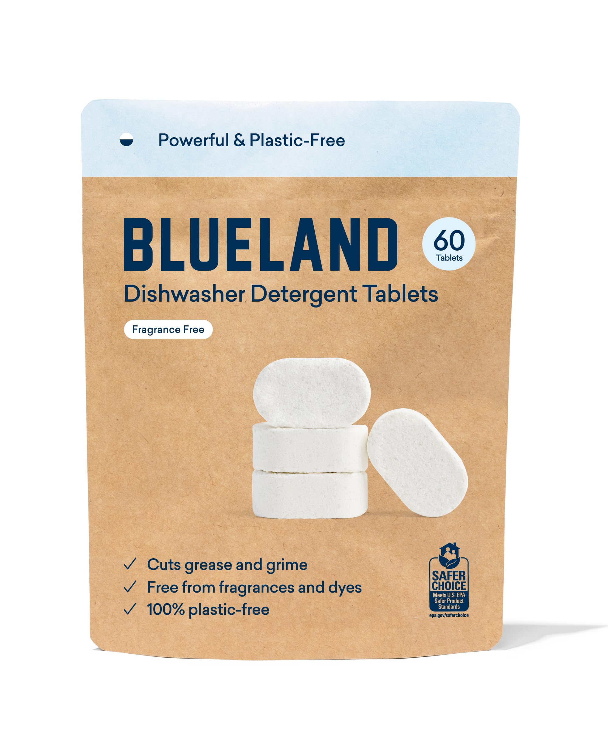 BLUELAND Dishwasher Detergent Tablets, 60 Count, Unscented 100% Plastic-Free Eco Friendly Dishwashing Pods, Natural, Sustainable