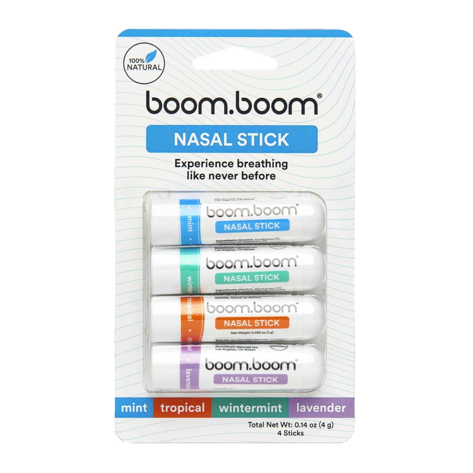 BoomBoom Nasal Stick (4 Pack) | Vapor Flow Technology | Better Breathing + Natural Focus | Cool Refreshing Sensation | Premium Essential Oils + Menthol Inhaler (Mint, Wintermint, Tropical, Lavender)