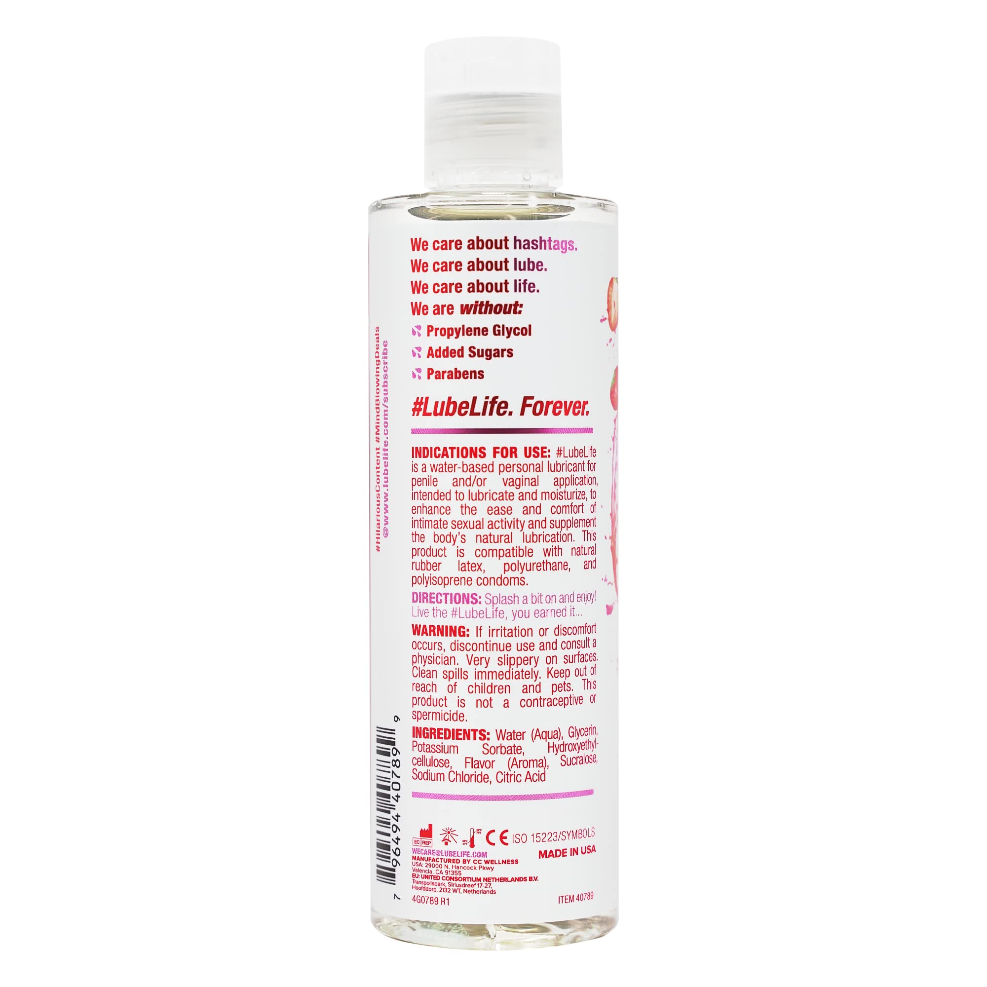 Lube Life Water-Based Strawberry Flavored Lubricant, Personal Lube for Men, Women and Couples, Made Without Added Sugar, 8 Fl Oz