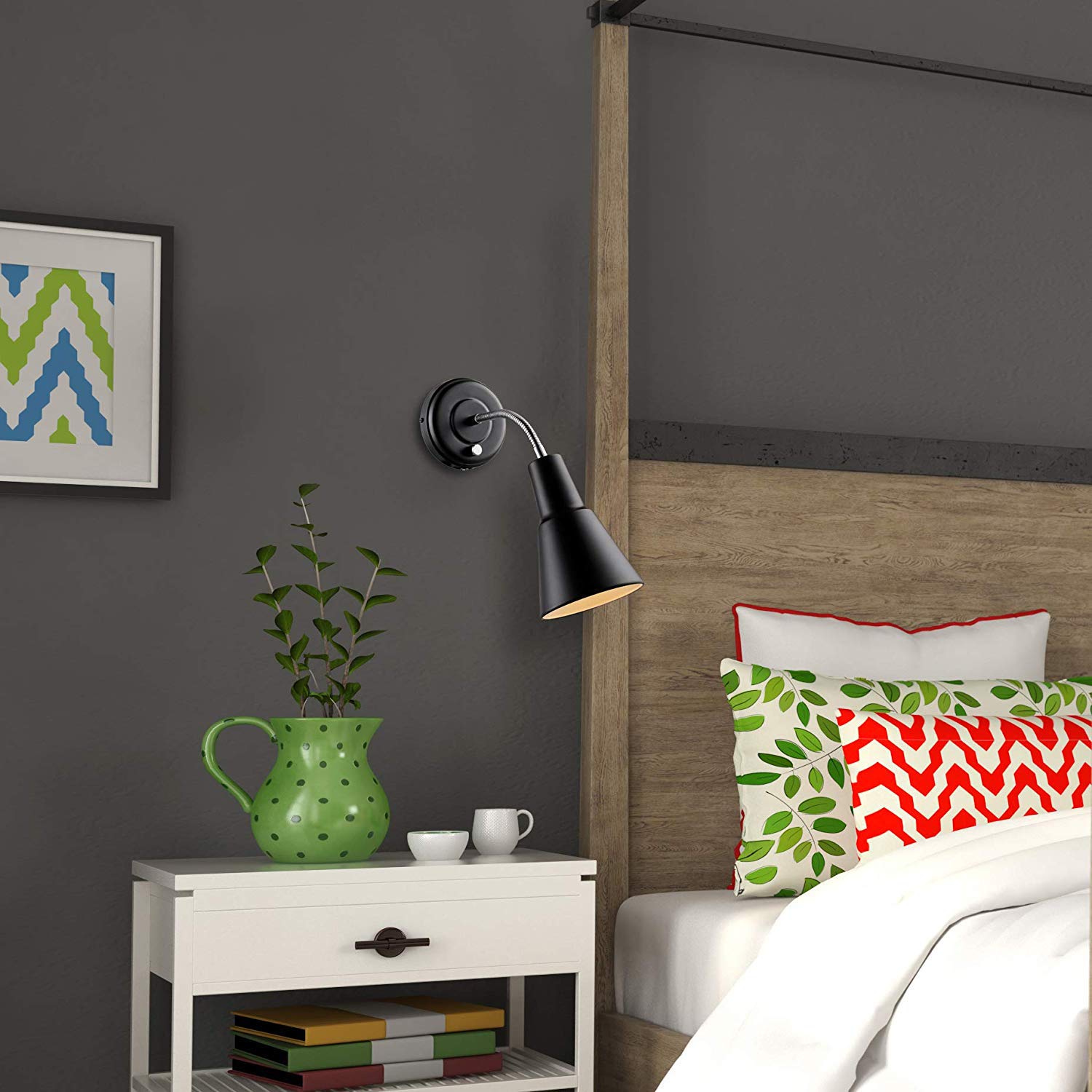AN.KLN Plug in Wall Light Flexible Gooseneck Reading Lamp with Switch, Vintage Industrial Black Metal Bedside Wall Lamp, 1.8m Cable, E27 Socket, for Bedroom Living Room Study,1Pack