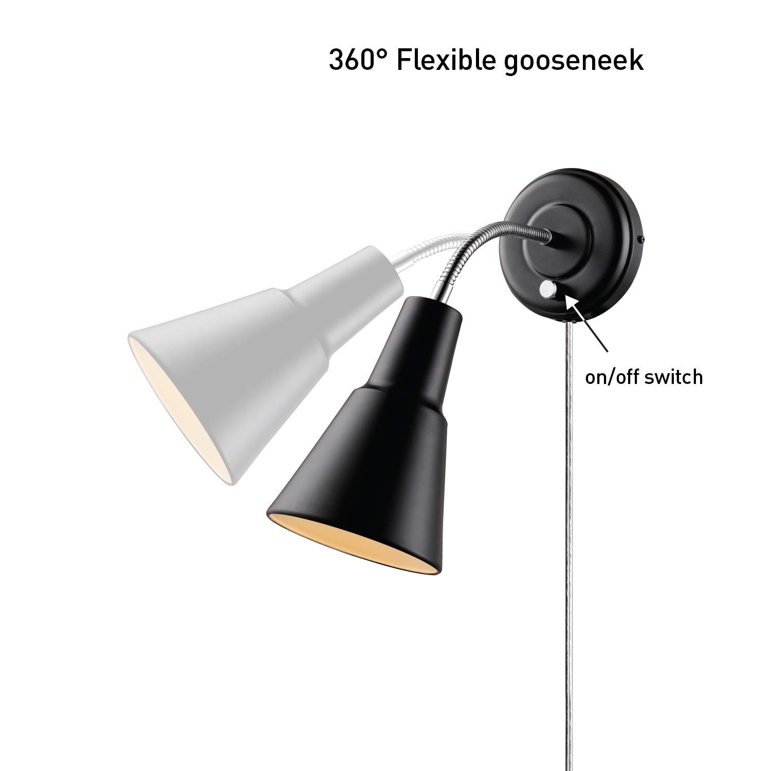 AN.KLN Plug in Wall Light Flexible Gooseneck Reading Lamp with Switch, Vintage Industrial Black Metal Bedside Wall Lamp, 1.8m Cable, E27 Socket, for Bedroom Living Room Study,1Pack