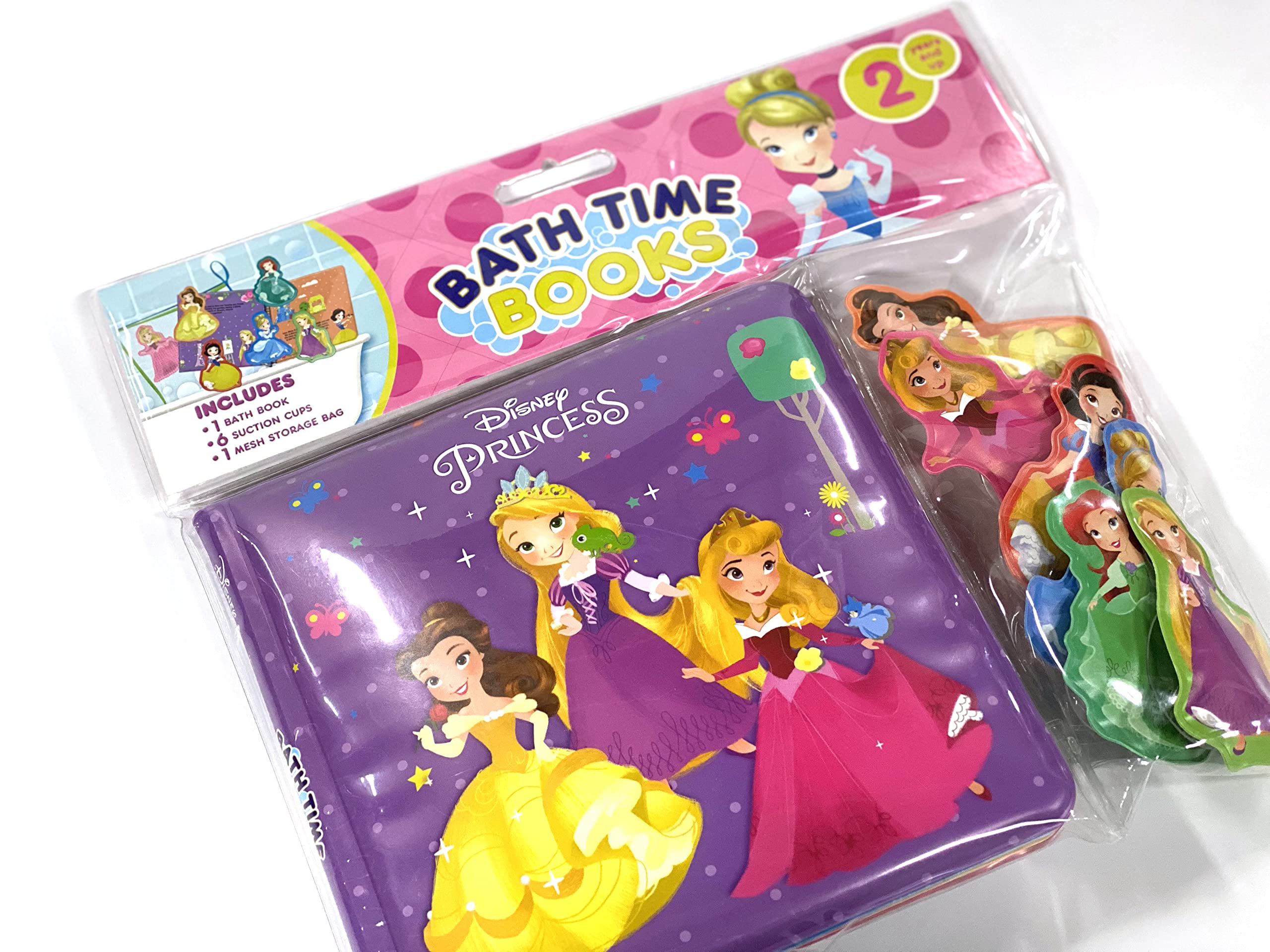 Disney Princess Bath Time Books - Activity Books for kids, Bath book, 6 Padded suction cups, 1 Mesh bag