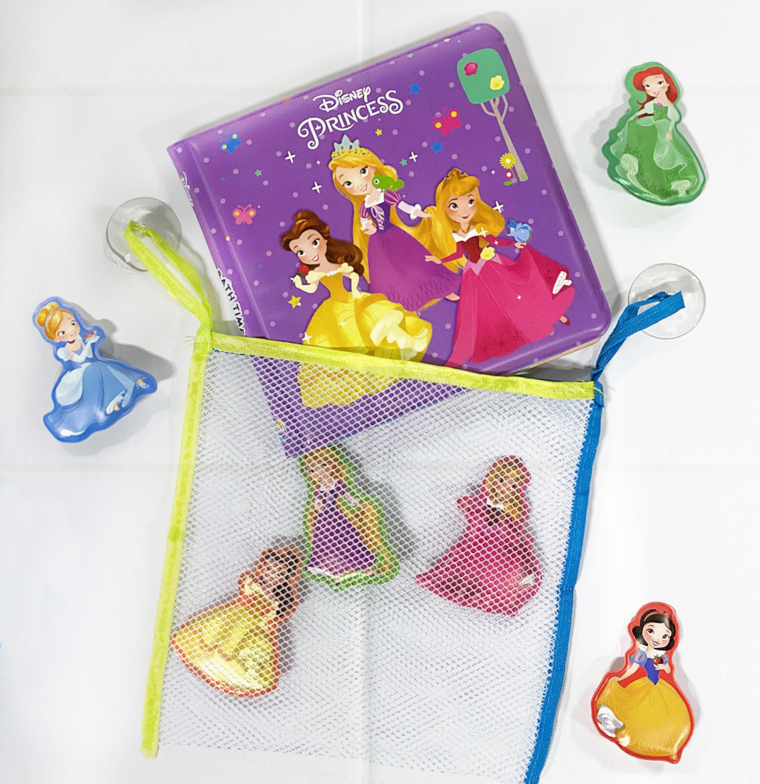 Disney Princess Bath Time Books - Activity Books for kids, Bath book, 6 Padded suction cups, 1 Mesh bag