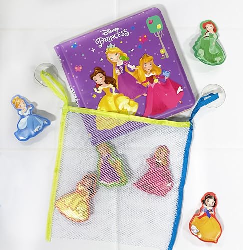 Disney Princess Bath Time Books - Activity Books for kids, Bath book, 6 Padded suction cups, 1 Mesh bag