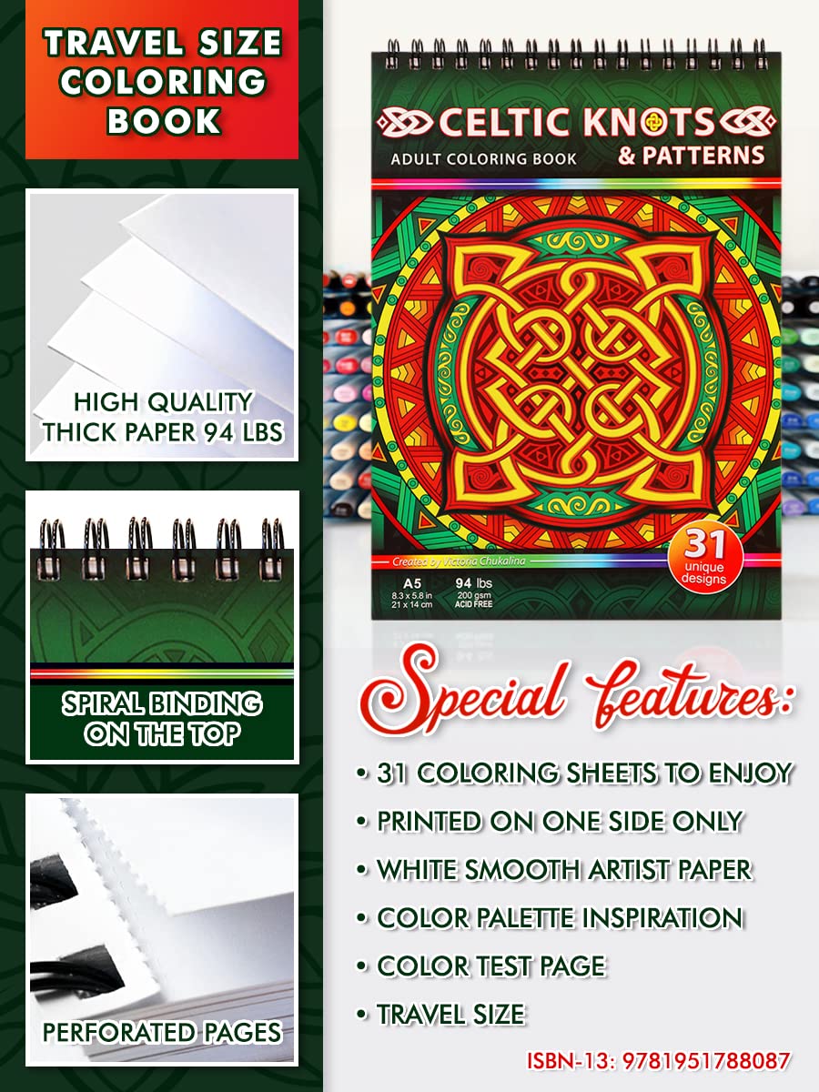 Celtic Knots and Patterns. Adult Travel Size Coloring Book on Thick Artist Paper with a Spiral Binding on The top