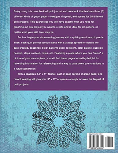 A LOVE FOR QUILTING JOURNAL NOTEBOOK AND GRAPH PAPER: A 200 Page Quilt Journal for 25 Quilt Projects with 2-Page Spread for Hexagon, Diagonal, and ... Grids for Each Project (Love for Crafts)