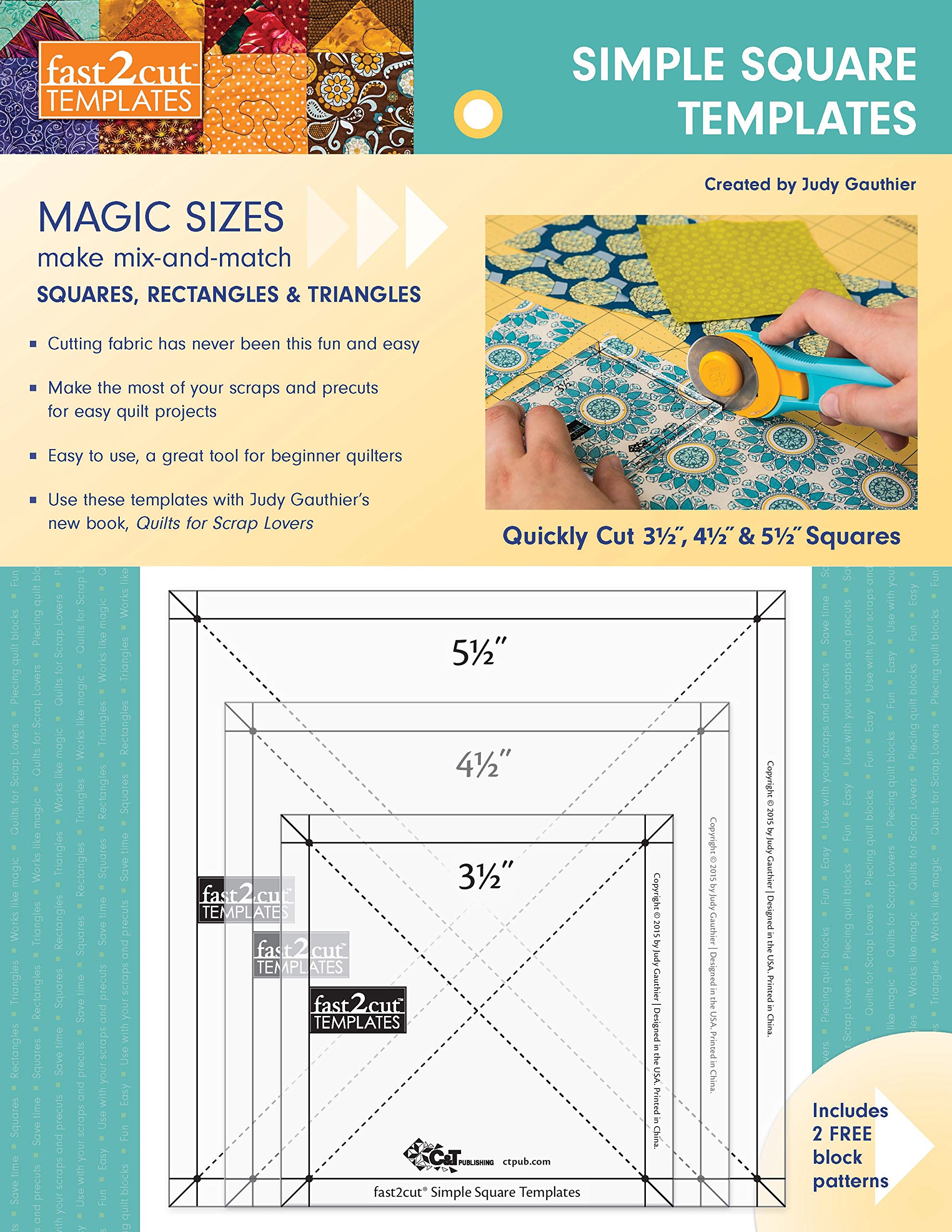 fast2cut® Simple Square Templates: Quickly Cut 3 1/2", 4 1/2" & 5 1/2" Squares