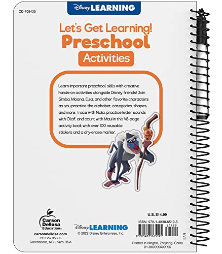Disney Learning Let's Get Learning! Preschool Activity Book for Kids Ages 3-5, Pre K Wipe Clean Workbook With Letters, Numbers, Shapes, & Sight Words Activities, Reusable Sticker Book for Toddlers