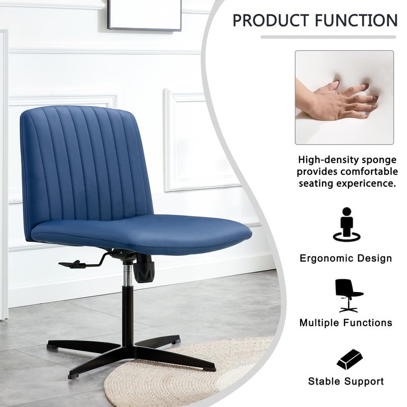 TURRIDU Criss Cross Chair No Wheels, Armless Office Chair with Wide Seat and Mid Back, Height Adjustable Swivel Cross Legged Office Chair Computer Vanity Chair for Home, Office, Small Space, Blue