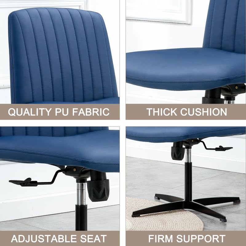 TURRIDU Criss Cross Chair No Wheels, Armless Office Chair with Wide Seat and Mid Back, Height Adjustable Swivel Cross Legged Office Chair Computer Vanity Chair for Home, Office, Small Space, Blue