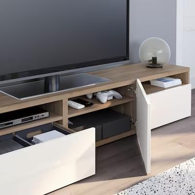 TV Unit with Drawers and Door,Walnut Effect Light Gray/Selsviken high-Gloss/White, 70 7/8x16 1/2x15 3/8 "