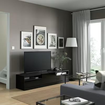 TV Unit with Drawers and Door,Black-Brown/Selsviken high-Gloss/Black, 70 7/8x16 1/2x15 3/8 "