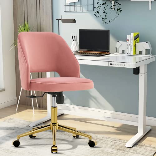 Wekity Modern Home Velvet Office Chairs, Adjustable 360 °Swivel Chair Engineering Plastic Armless Swivel Computer Chair with Wheels for Living Room, Bed Room Office Hotel Dining Room (Pink)