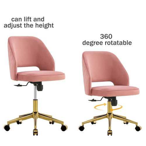Wekity Modern Home Velvet Office Chairs, Adjustable 360 °Swivel Chair Engineering Plastic Armless Swivel Computer Chair with Wheels for Living Room, Bed Room Office Hotel Dining Room (Pink)