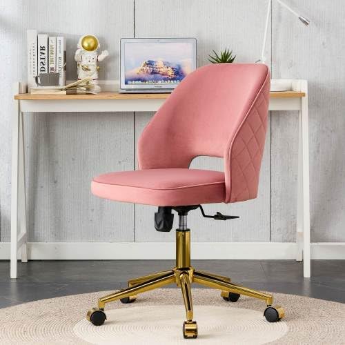 Wekity Modern Home Velvet Office Chairs, Adjustable 360 ยฐSwivel Chair Engineering Plastic Armless Swivel Computer Chair with Wheels for Living Room, Bed Room Office Hotel Dining Room (Pink)