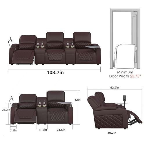 Home Theater Seats, Electric Recliner with USB Port and Cup Holder, Breathable Cowhide Double Sofa with Hidden armrest Storage Space, and Seats with Ambient Lighting (Coffee Color, Set of 3)