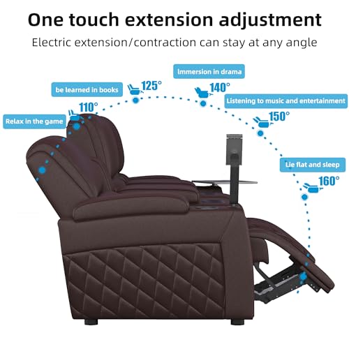 Home Theater Seats, Electric Recliner with USB Port and Cup Holder, Breathable Cowhide Double Sofa with Hidden armrest Storage Space, and Seats with Ambient Lighting (Coffee Color, Set of 3)