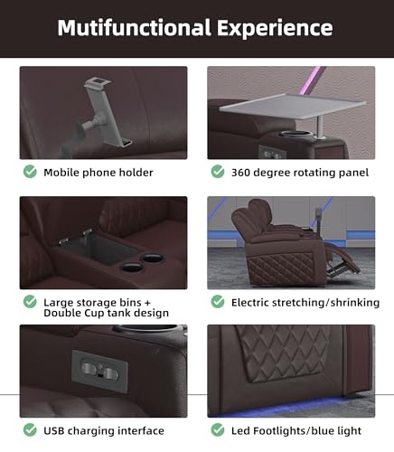 Home Theater Seats, Electric Recliner with USB Port and Cup Holder, Breathable Cowhide Double Sofa with Hidden armrest Storage Space, and Seats with Ambient Lighting (Coffee Color, Set of 3)