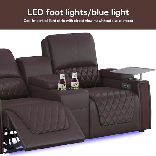 Home Theater Seats, Electric Recliner with USB Port and Cup Holder, Breathable Cowhide Double Sofa with Hidden armrest Storage Space, and Seats with Ambient Lighting (Coffee Color, Set of 3)