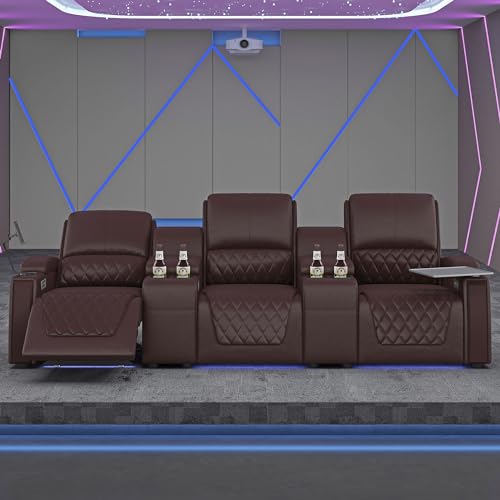 Home Theater Seats, Electric Recliner with USB Port and Cup Holder, Breathable Cowhide Double Sofa with Hidden armrest Storage Space, and Seats with Ambient Lighting (Coffee Color, Set of 3)