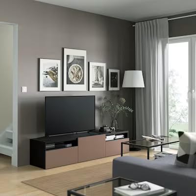 TV Unit with Drawers and Door, Black-Brown/Lappviken Light Gray-Brown, 70 7/8x16 1/2x15 3/8 "