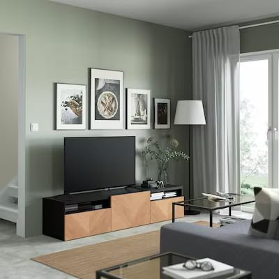 TV Unit, Black-Brown/Hedeviken Oak Veneer, 70 7/8x16 1/2x15 3/8 "