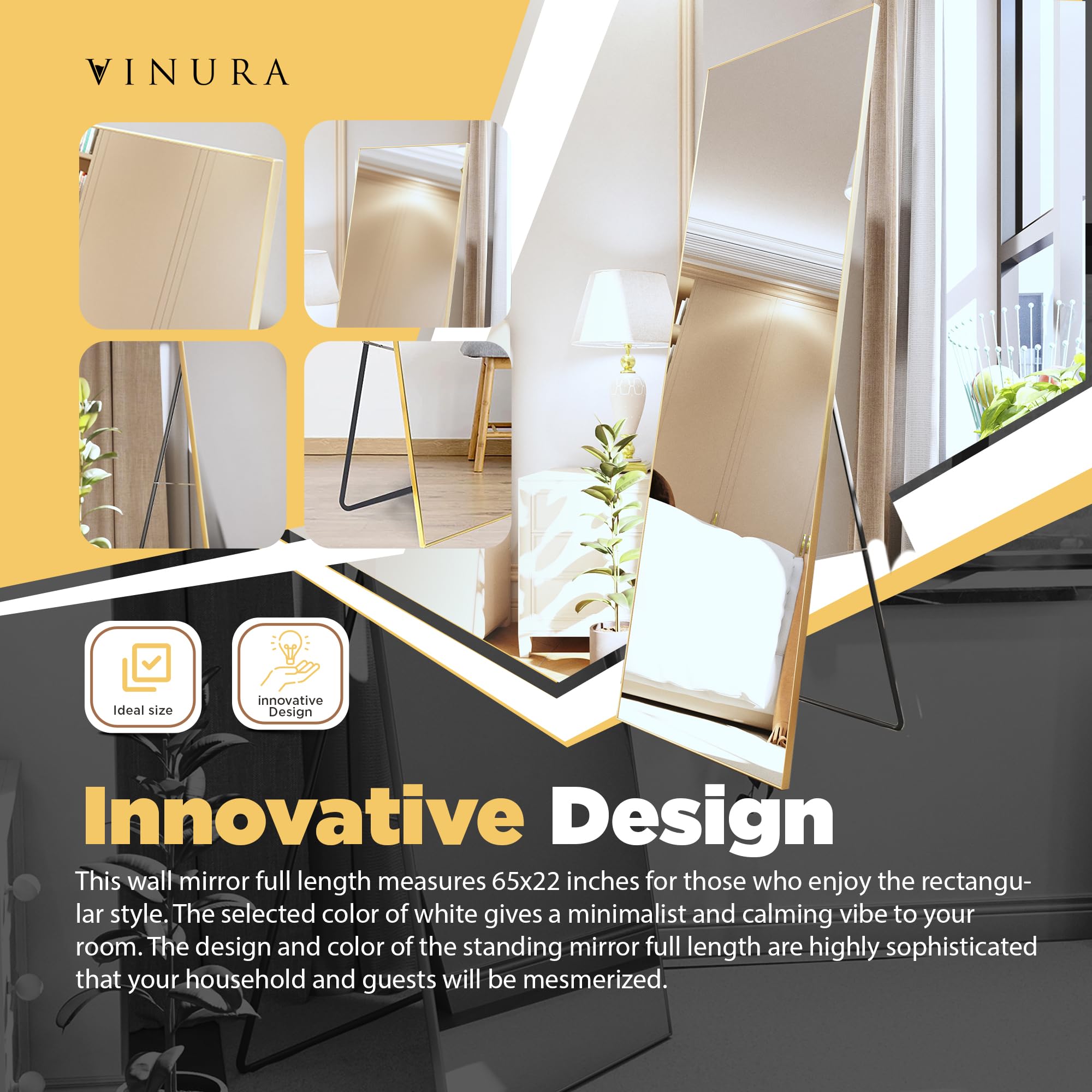 VENERA Floor & Full Length Mirrors - Sturdy Full Length Body Mirror - White Aluminum Framed Full Length Mirror with Stand for Bedroom - 65” Modern and Tall Bedroom Mirror with Stand