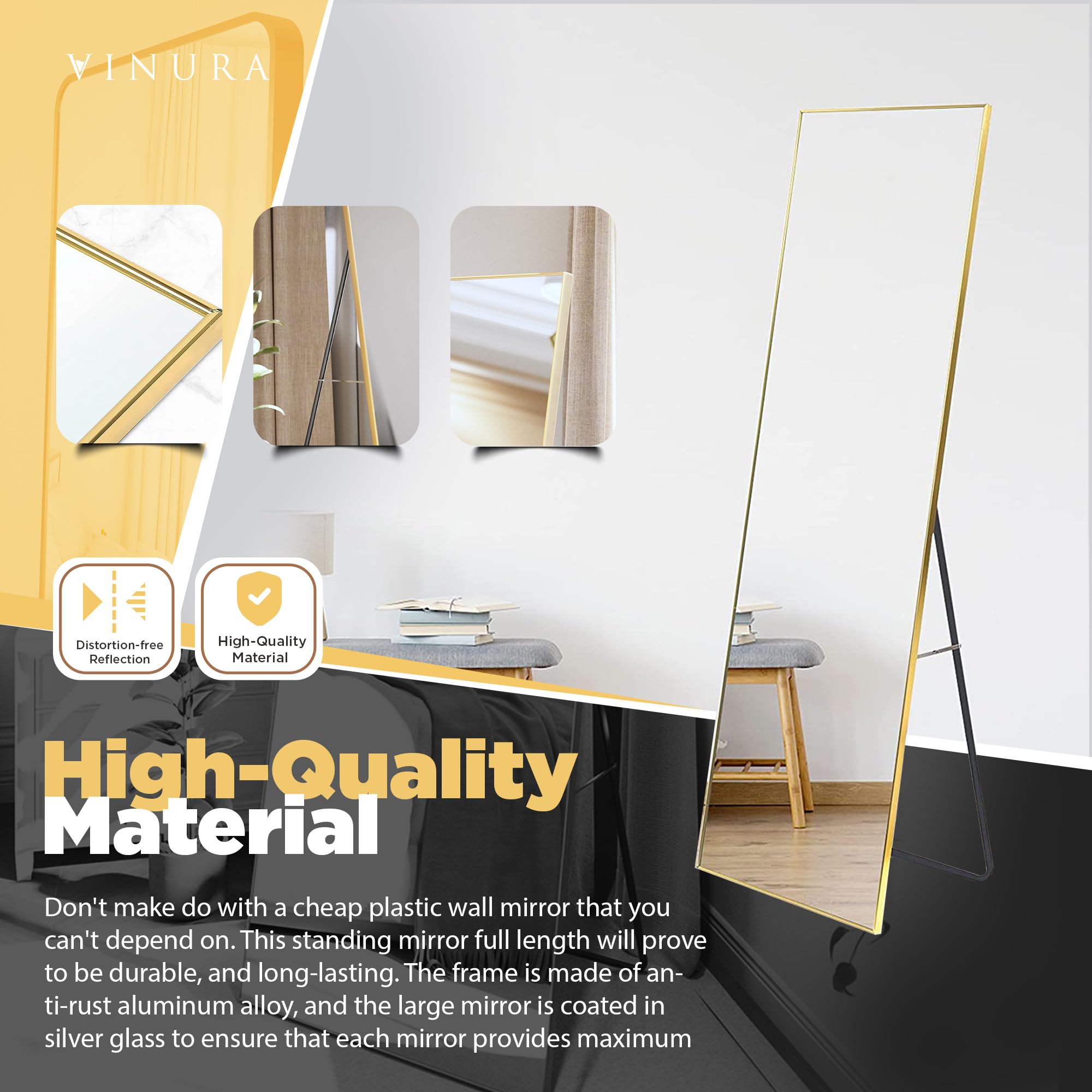 VENERA Floor & Full Length Mirrors - Sturdy Full Length Body Mirror - White Aluminum Framed Full Length Mirror with Stand for Bedroom - 65” Modern and Tall Bedroom Mirror with Stand