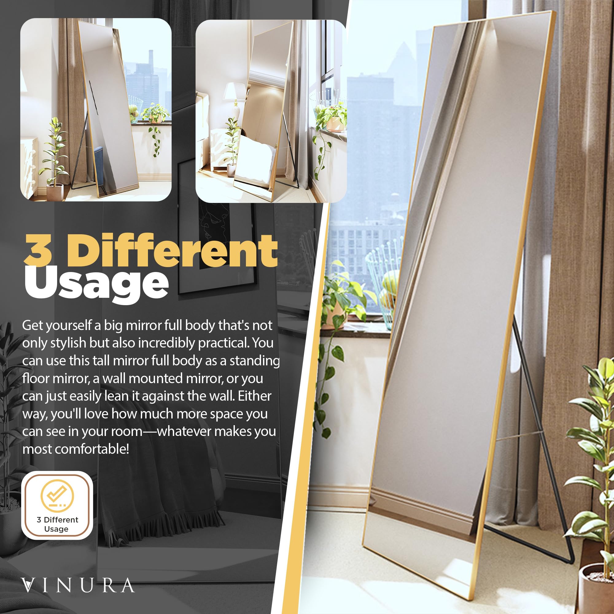 VENERA Floor & Full Length Mirrors - Sturdy Full Length Body Mirror - White Aluminum Framed Full Length Mirror with Stand for Bedroom - 65” Modern and Tall Bedroom Mirror with Stand