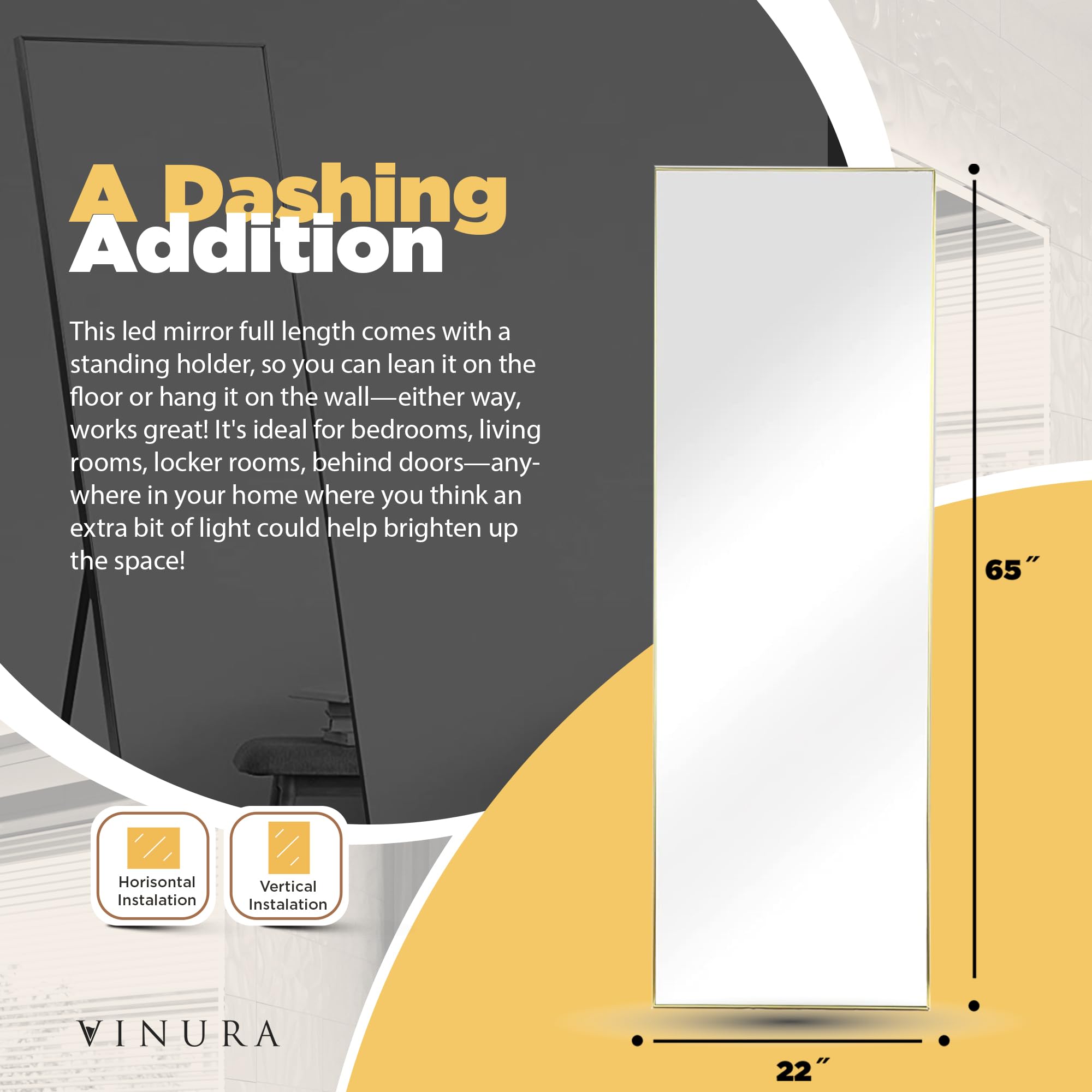 VENERA Floor & Full Length Mirrors - Sturdy Full Length Body Mirror - White Aluminum Framed Full Length Mirror with Stand for Bedroom - 65” Modern and Tall Bedroom Mirror with Stand