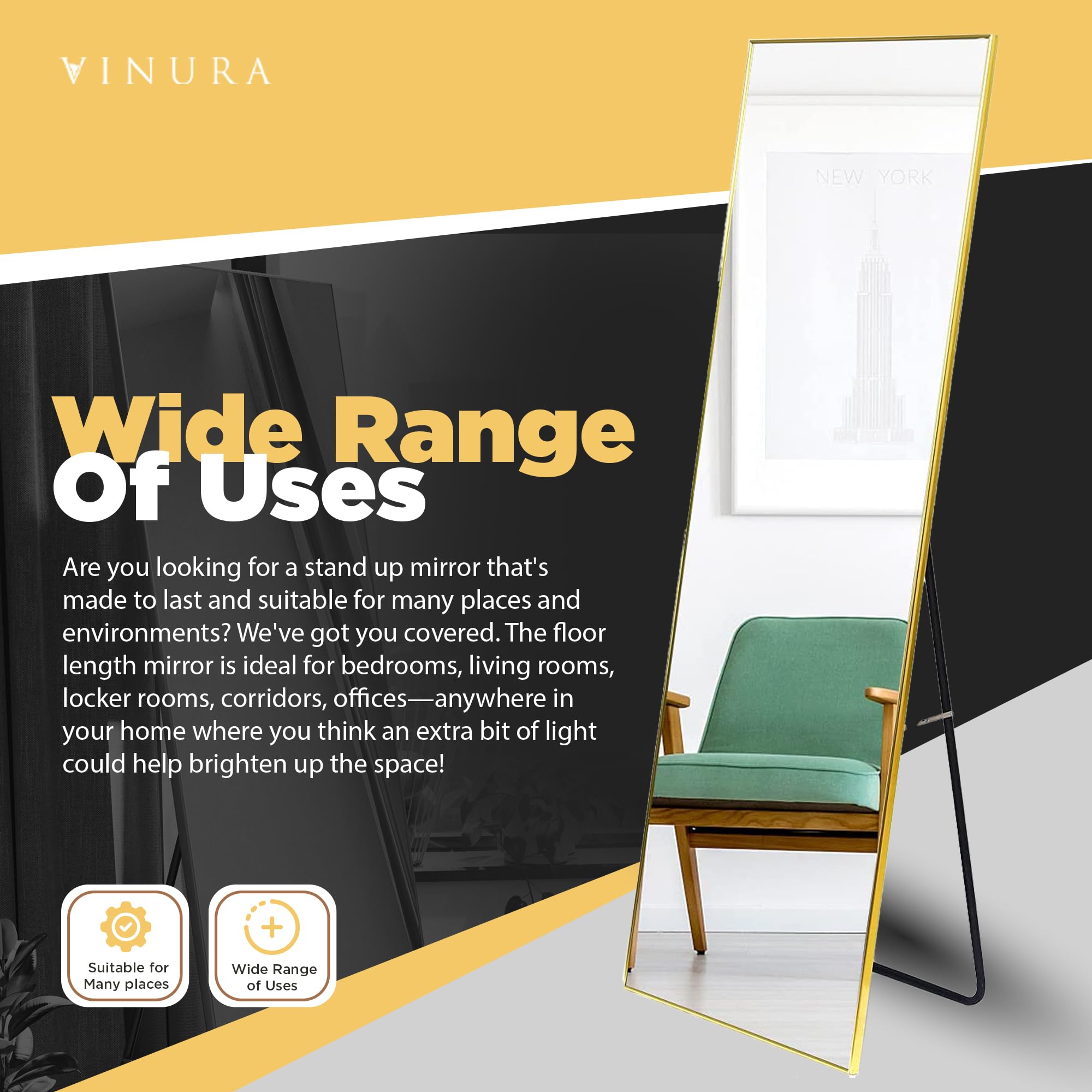 VENERA Floor & Full Length Mirrors - Sturdy Full Length Body Mirror - White Aluminum Framed Full Length Mirror with Stand for Bedroom - 65” Modern and Tall Bedroom Mirror with Stand