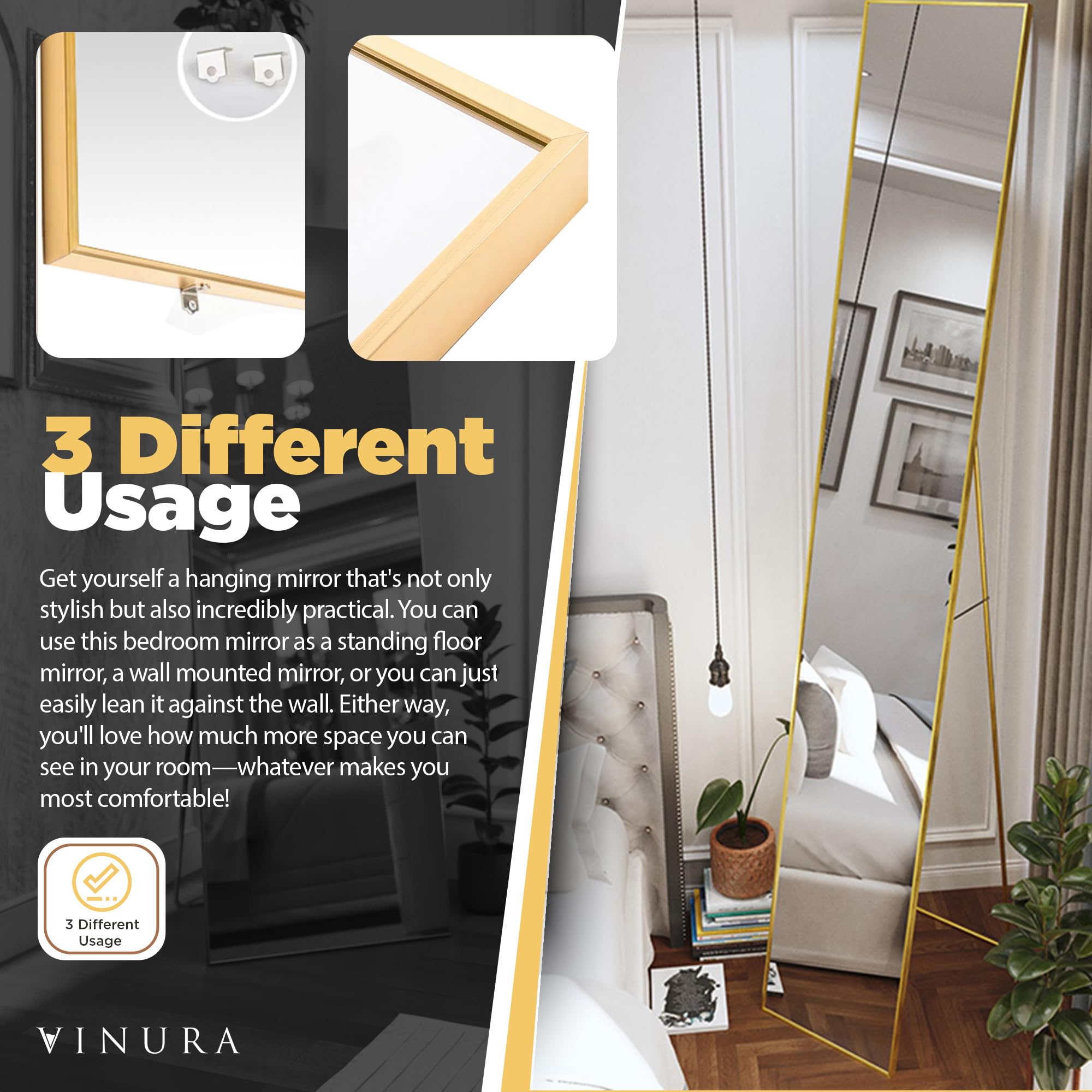 VENERA Long Mirrors for Bedroom - Sturdy Standing Mirror Full Length - Gold Aluminum Framed Full Length Mirror with Stand - 95” Tall Bedroom Mirror with Hanging Standing or Leaning
