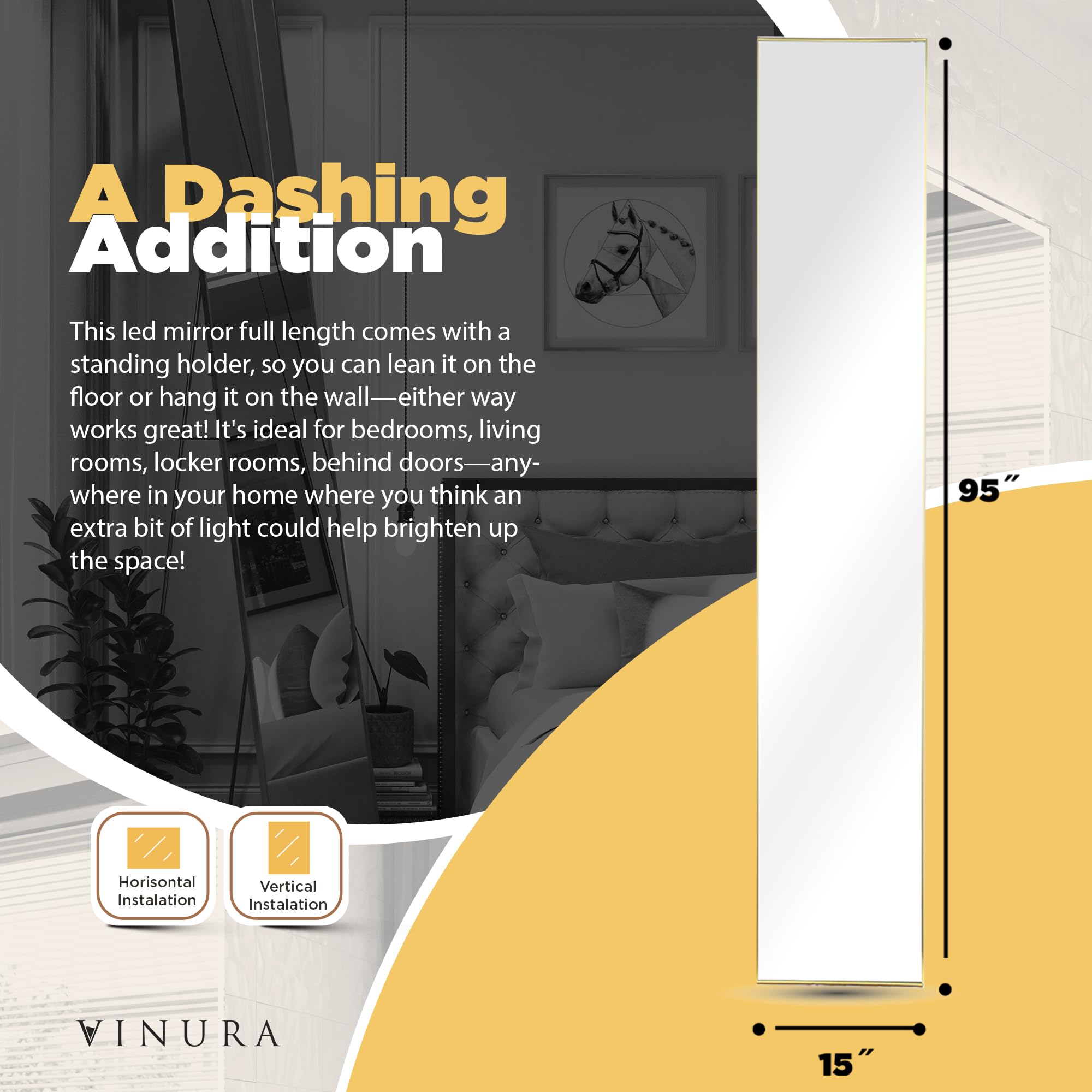 VENERA Long Mirrors for Bedroom - Sturdy Standing Mirror Full Length - Gold Aluminum Framed Full Length Mirror with Stand - 95” Tall Bedroom Mirror with Hanging Standing or Leaning