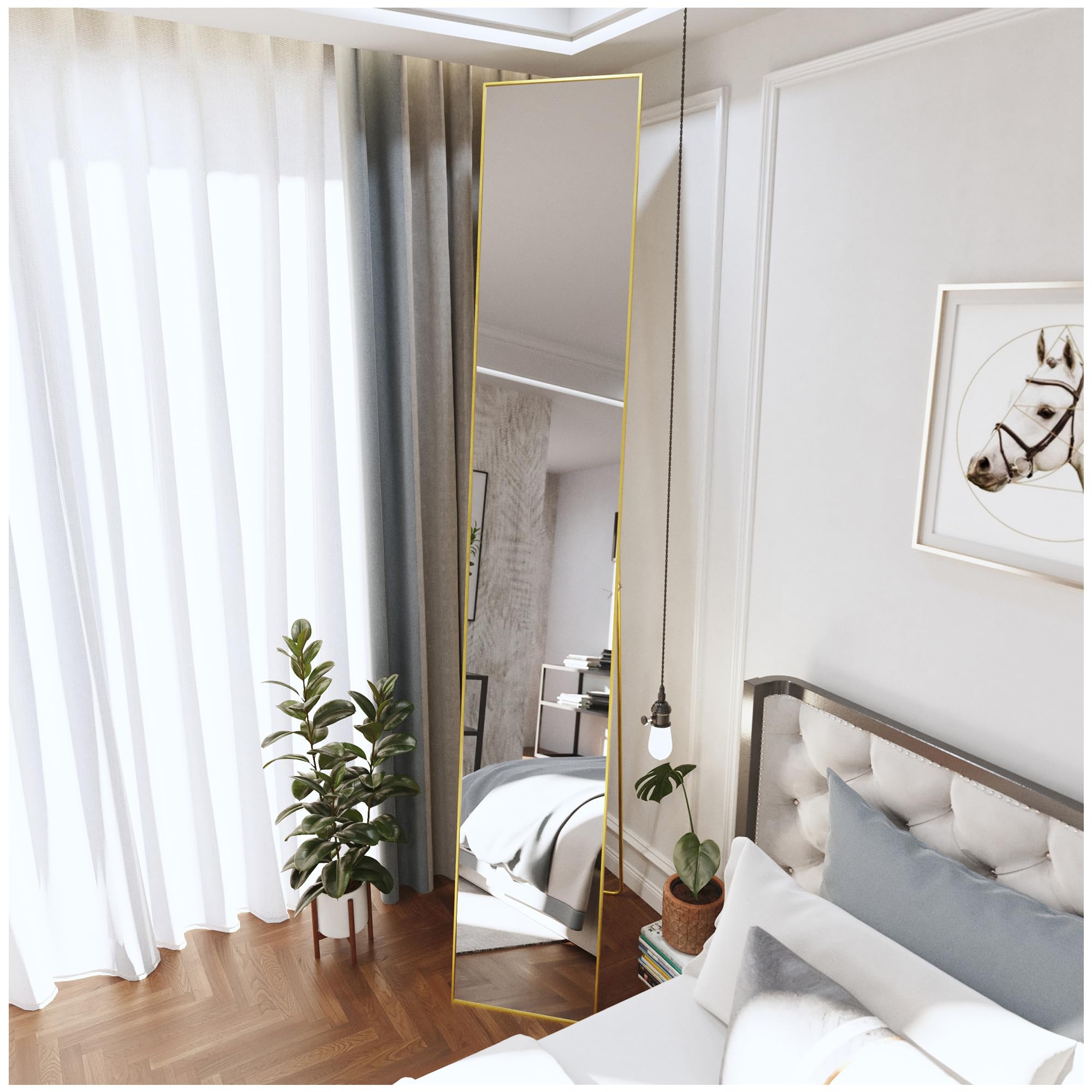 VENERA Long Mirrors for Bedroom - Sturdy Standing Mirror Full Length - Gold Aluminum Framed Full Length Mirror with Stand - 95” Tall Bedroom Mirror with Hanging Standing or Leaning