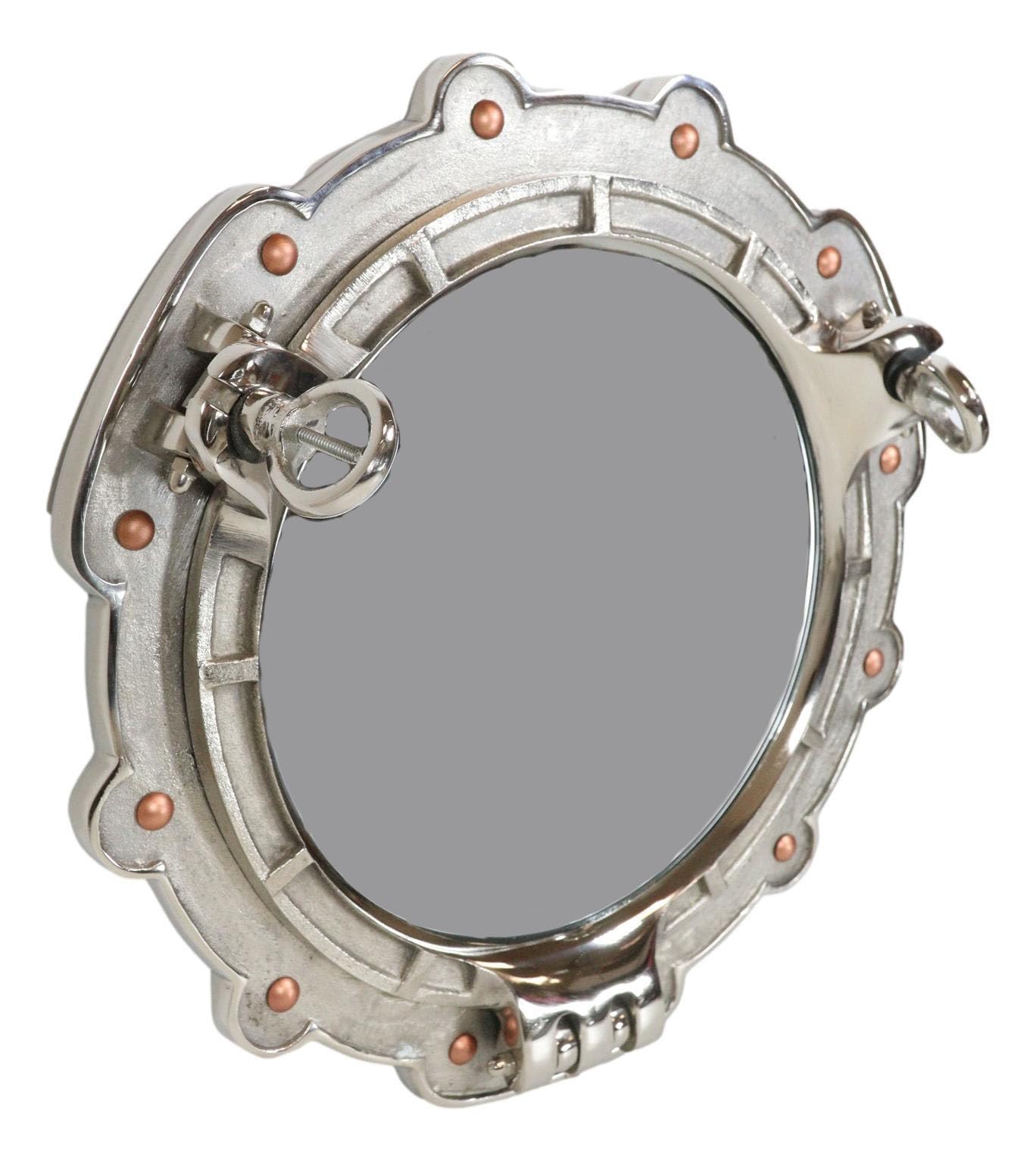 Ebros Gift Polished Aluminum Nautical Marine Round Ship Porthole Folding Wall Mirror Decor 14.5" Diameter Ocean Sailor Sea Exploration and Travel Accent